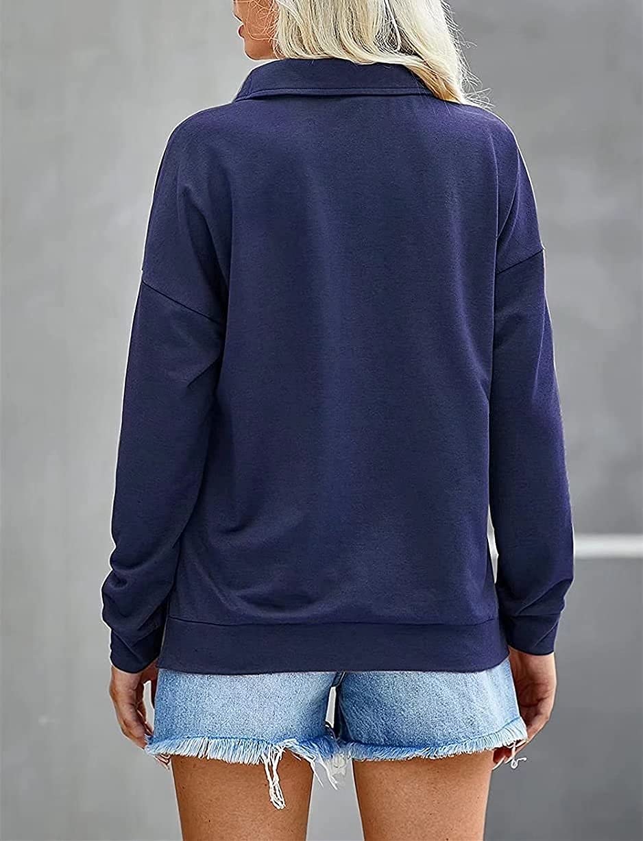 ORANDESIGNE Women’s Casual Long Sleeve Lapel Sweatshirt Solid Color Loose Fit Half Zip Up Pullover Tops A Blue