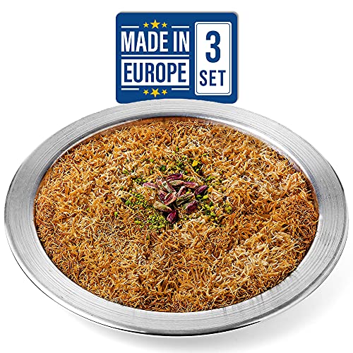 Volarium Kunefe Plate Medium, Cooking and Serving Plates for Kunafa, Kataifi, Knafeh and Shredded Phyllo Dough, Set of 3, Aluminum, Silver (Small-3PCs)