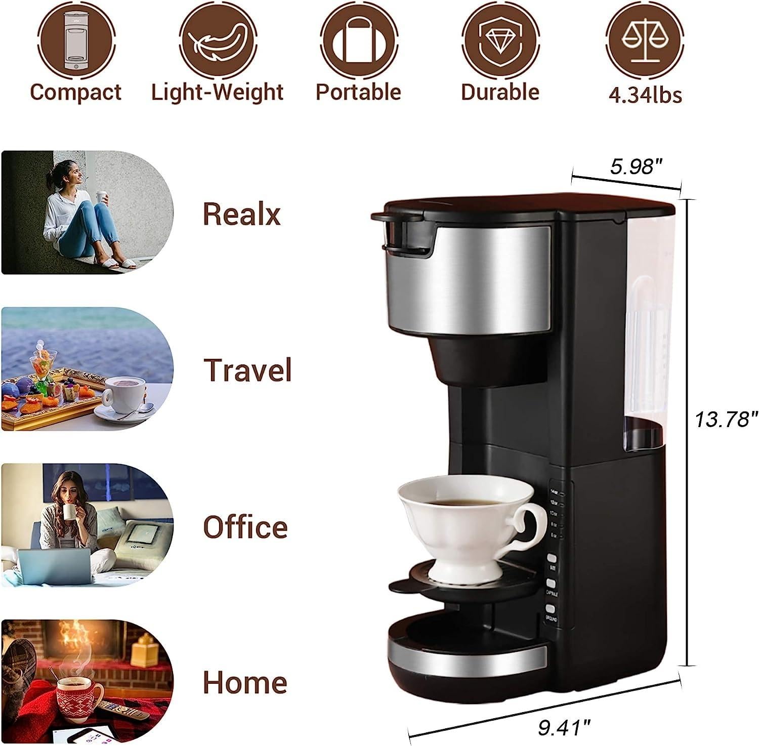 Single Serve Coffee Maker for K Cup & Ground Coffee, 6 to 14 OZ Brew Sizes, Small Coffee Maker with 30 OZ Water Reservior & Automatic Shut-Off Function, Adjustable Drip Tray