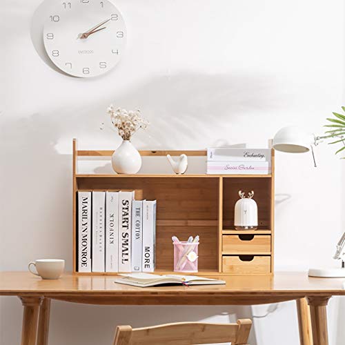 Saladplates-LXM Bookshelf,Bamboo Storage Shelf Bookcase with 2 Drawers, DIY Desktop Storage Rack Organiser Bookshelf for Home and Office