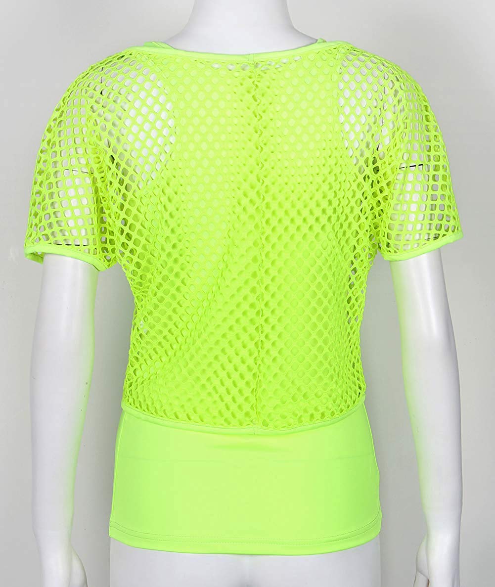 Smile Fish Women Casual Sexy 80s Costumes Fishnet Neon Off Shoulder T-Shirt (Neon-Green US 10/Tag Size L)