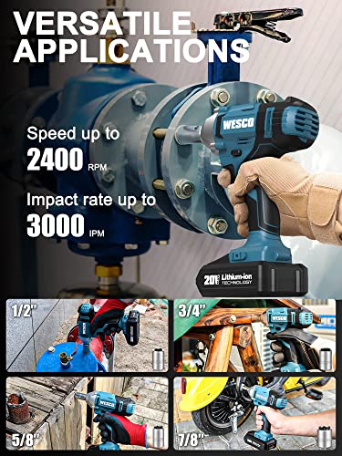 WESCO 20V Cordless Impact Wrench, 1/2",1602 In-lbs(180N.m),2.0A Li-ion Battery, LED Light 3 Pcs Drive Impact Sockets and 1 Hour Fast Charger