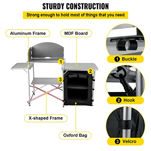 VEVOR Camping Kitchen Table, Aluminum Portable Folding Cook Station with Windscreen Cupboard, Storage Organizer Carrying Bag, Quick Installation, Outdoor Picnic Beach BBQ RV Traveling, Black