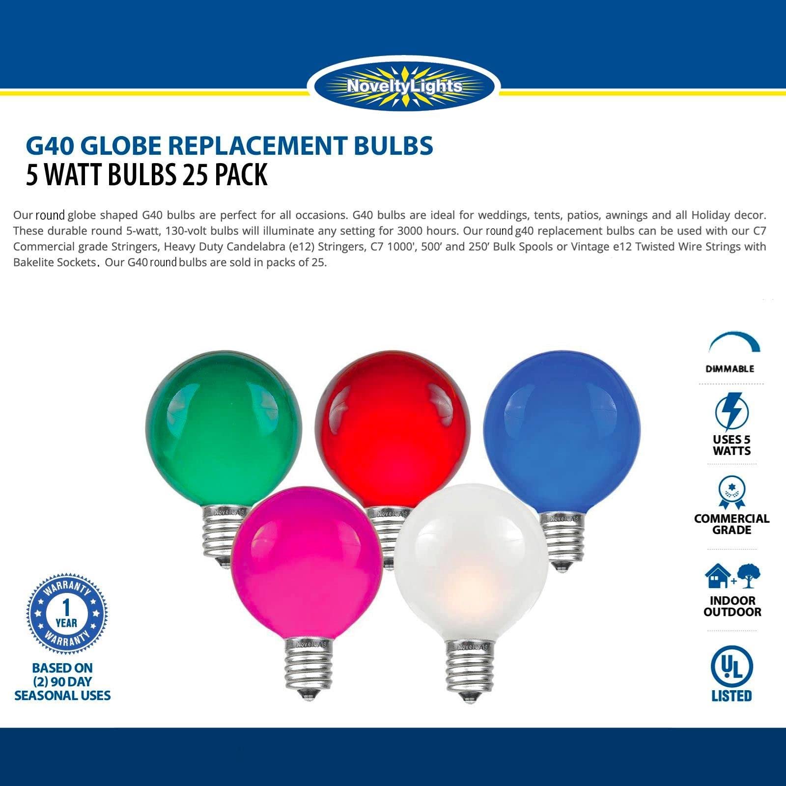 Novelty Lights 25 Pack G40 Clear Outdoor Globe Bulbs, Light Bulbs Glass Incandescent Bulbs with 3000 Hour Lifespan, Globe String Lights Replacement Bulbs