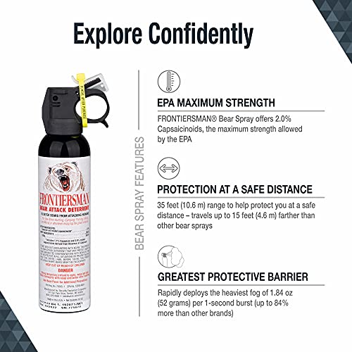 SABRE Frontiersman 9.2 fl oz. Bear Spray, Maximum Strength 2.0% Major Capsaicinoids, Powerful 35 ft. Range Bear Deterrent and Bear Horn with Locking Top