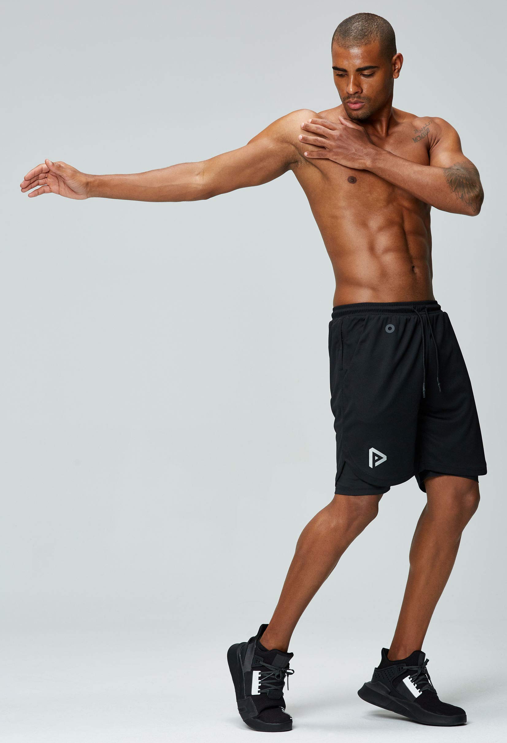 Pinkbomb Men's 2 in 1 Running Shorts Gym Workout Quick Dry Mens Shorts with Phone Pocket (Black, Large)