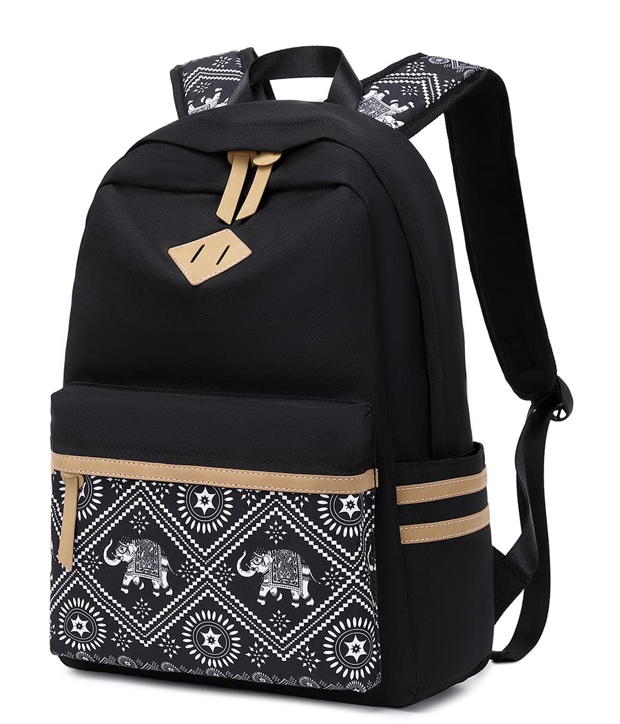 Swacort Black Backpack for Women Travel Laptop Backpacks for School Boys Girls Bookbag Casual Lightweight Canvas Back Pack Cute Carry on Daykpack Elephant