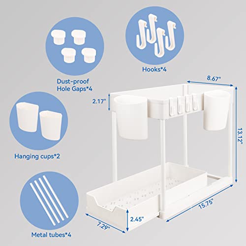 Under Sliding Cabinet Basket Organizer, 2-Tier Kitchen Under Sink Storage Drawer Rack Organizer Dust-proof Water-proof, Expandable Under Sink Organizer with 2 Cups and 4 Hooks, White