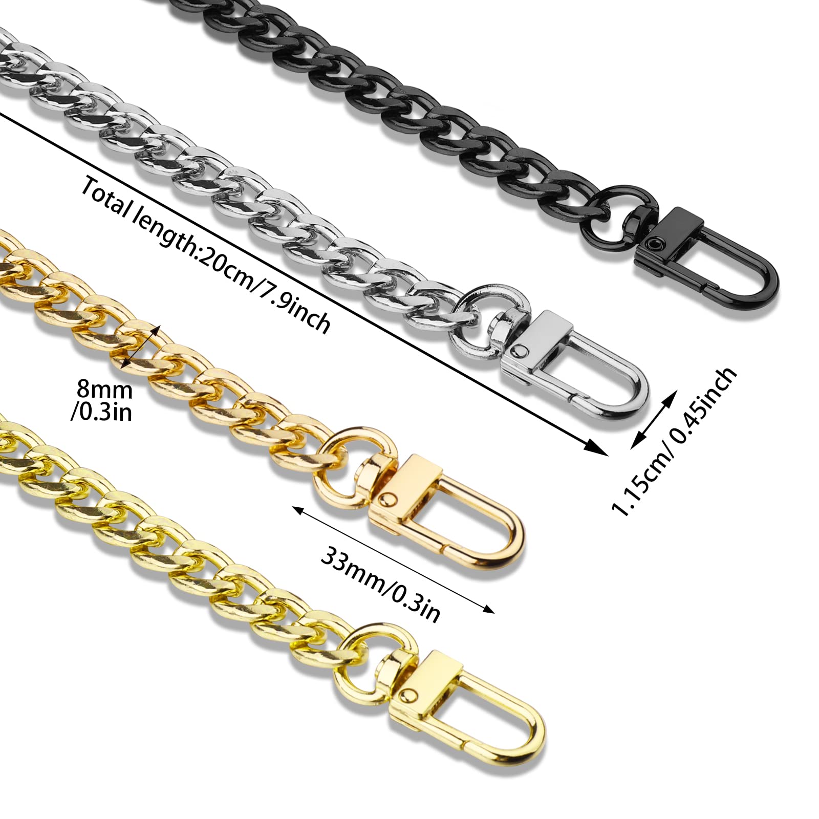 WLLHYF 4PCS DIY Iron Flat Chain Strap 7.87 Inch Purse Chain Strap Flat Wallet Handbag Accessories Charms Decoration Shoulder Bag Replacement Chain for Keys Wallet Purse Handbags Shoulder Bag