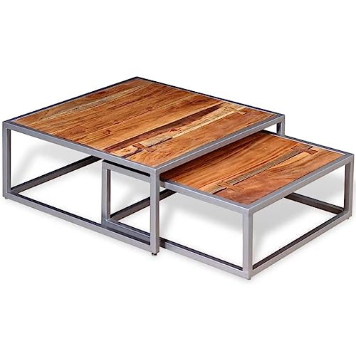 QJBSAVVA Two Piece Coffee Table Set Solid Acacia Wood,Industrial Tables Floor Standing Table Cocktail Table Suitable for Meeting Rooms, Reception Rooms, Offices