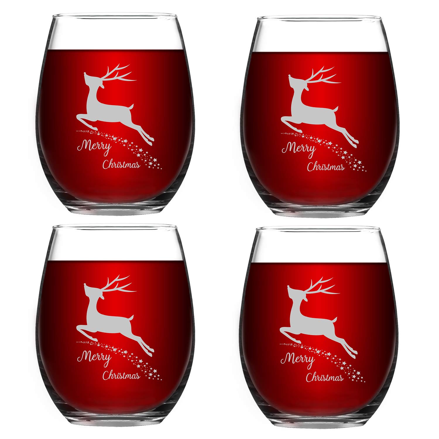 Waipfaru Set of 4 Merry Christmas Wine Glasses with White Christmas Deer Stemless Glasses Xmas Festival Decoration Christmas Holiday Festival Gifts for Family Friends(White Deer, 15 Oz)