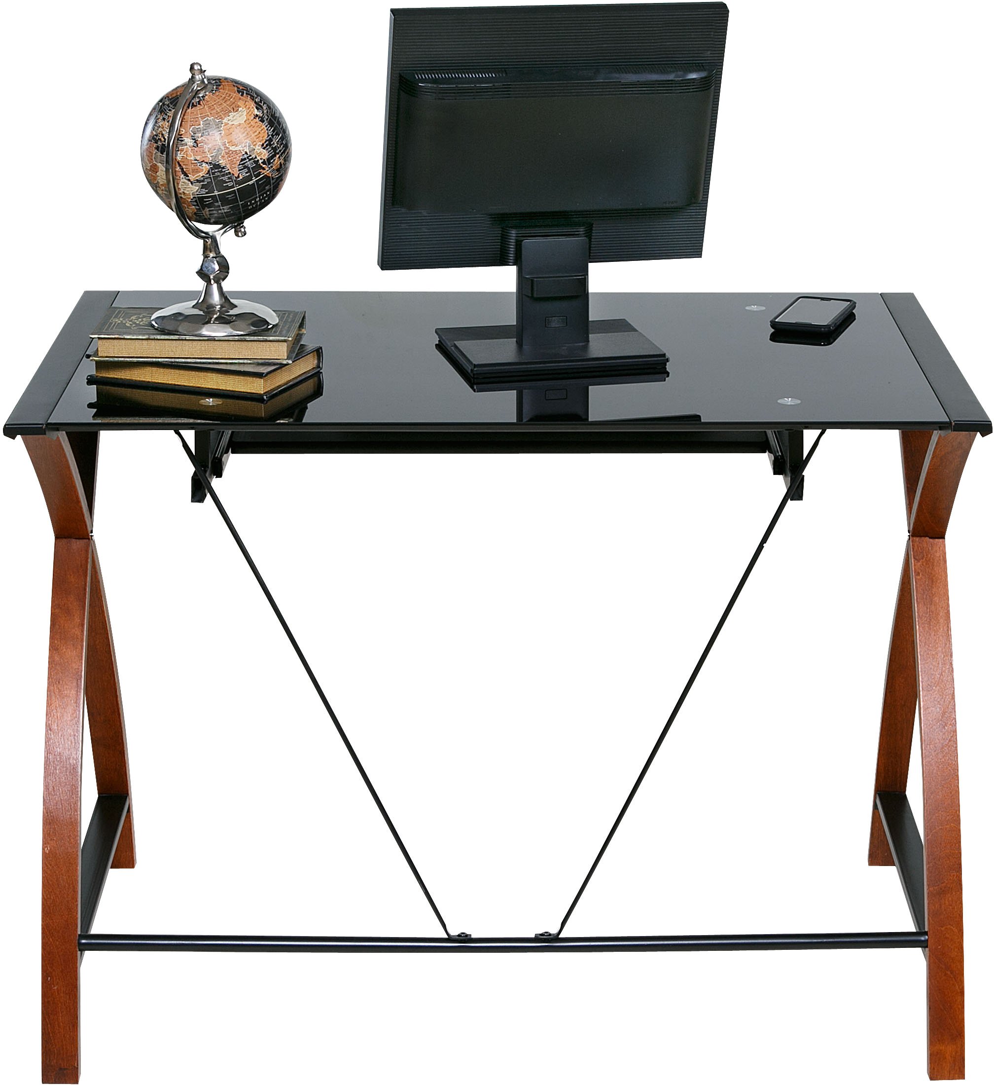 OneSpace Glass and Wood Computer Desk with Pullout Keyboard Tray and Black Glass Desktop, Black/Brown