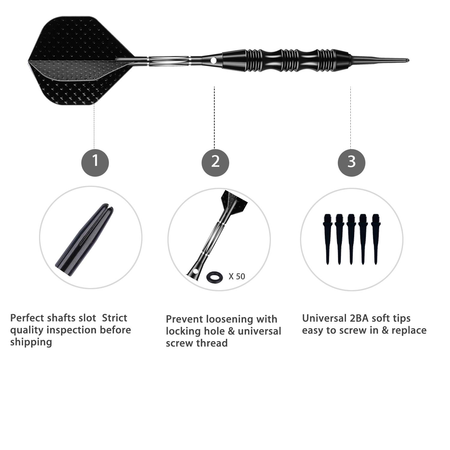 sanfeng Professional Soft Tip Darts Set 20 Grams W/ 50 O-Rings- 30 Darts Plastic Tip + Black Aluminum Shafts + 6 Standard Flights + Portable Case for Electronic Dart Board