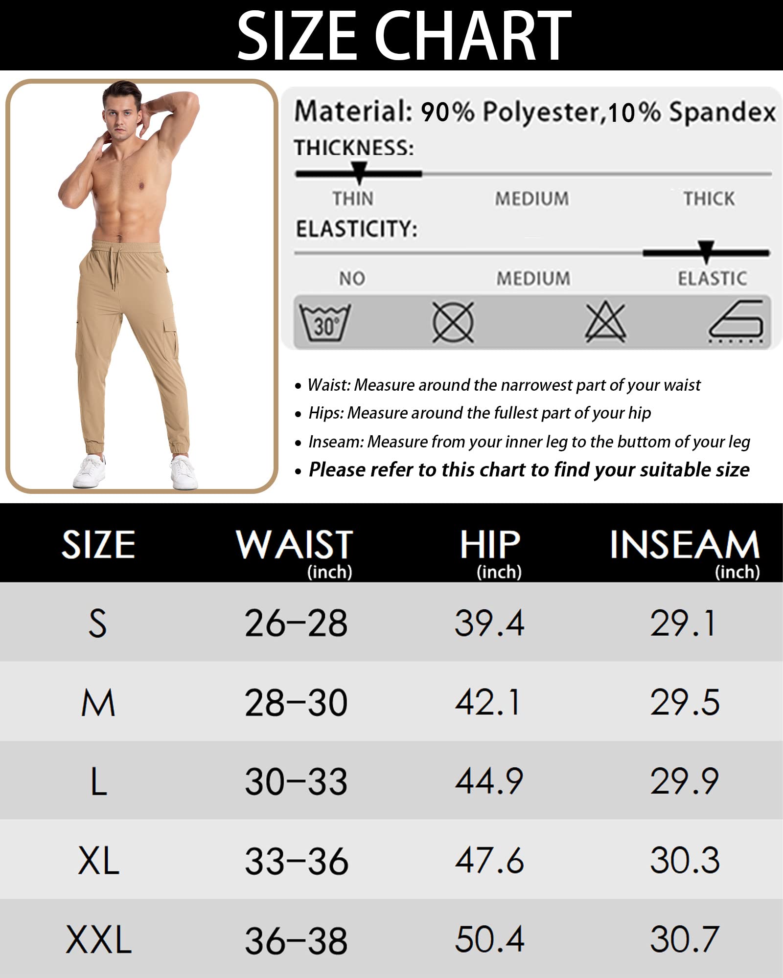 Y YERFONE Mens Hiking Pants Quick Dry Golf Joggers with Pockets Stretch Cargo Pants Slim Fit Lightweight Travel Athletic Workout Dark Khaki
