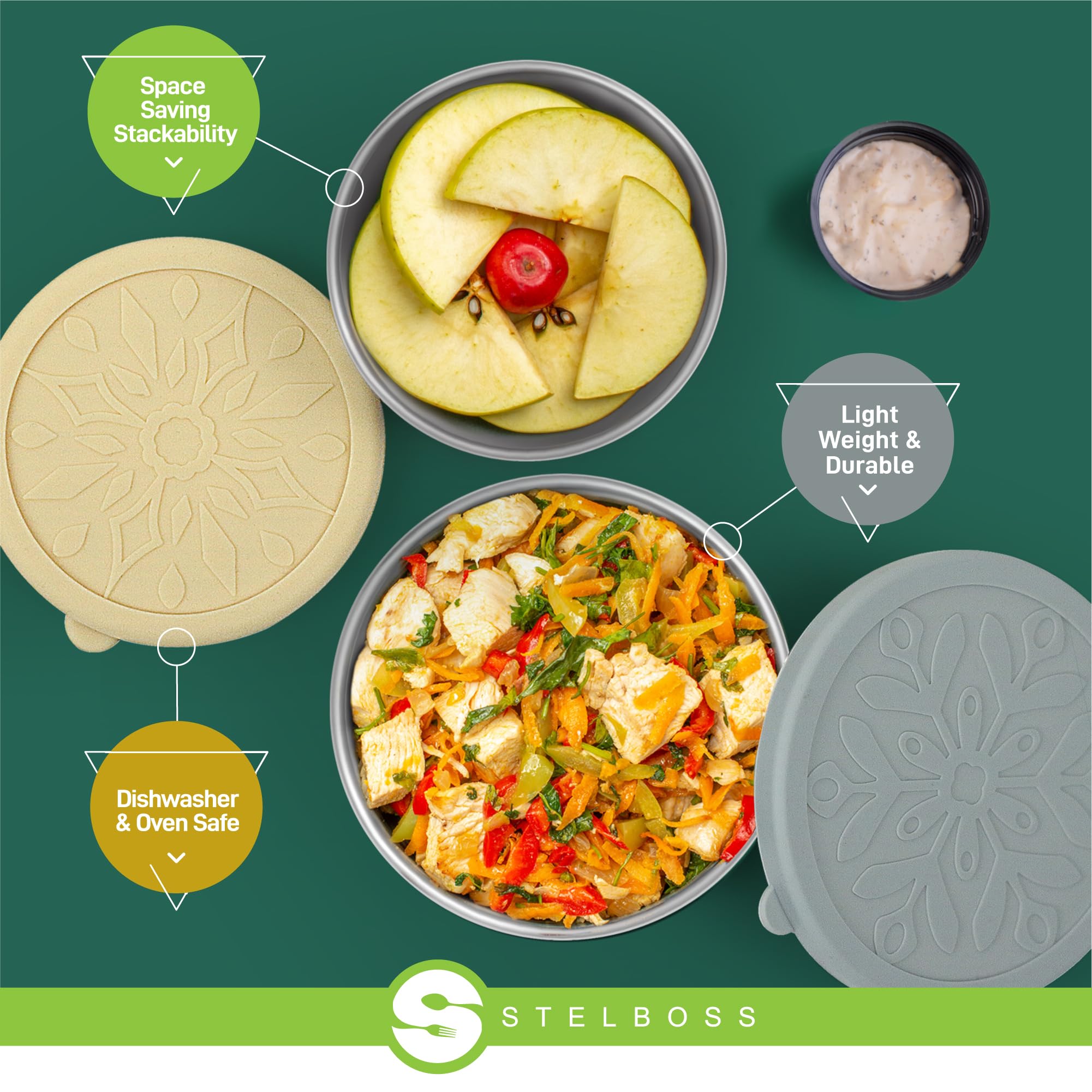 Stelboss Stainless Steel Containers with Lids Set of 5 - Reusable Airtight Stainless Steel Lunch Container - Leak Proof with 5 Sizes 32oz, 21oz, 13oz, 6oz & 3oz - Perfect for Meal Prep and Storage