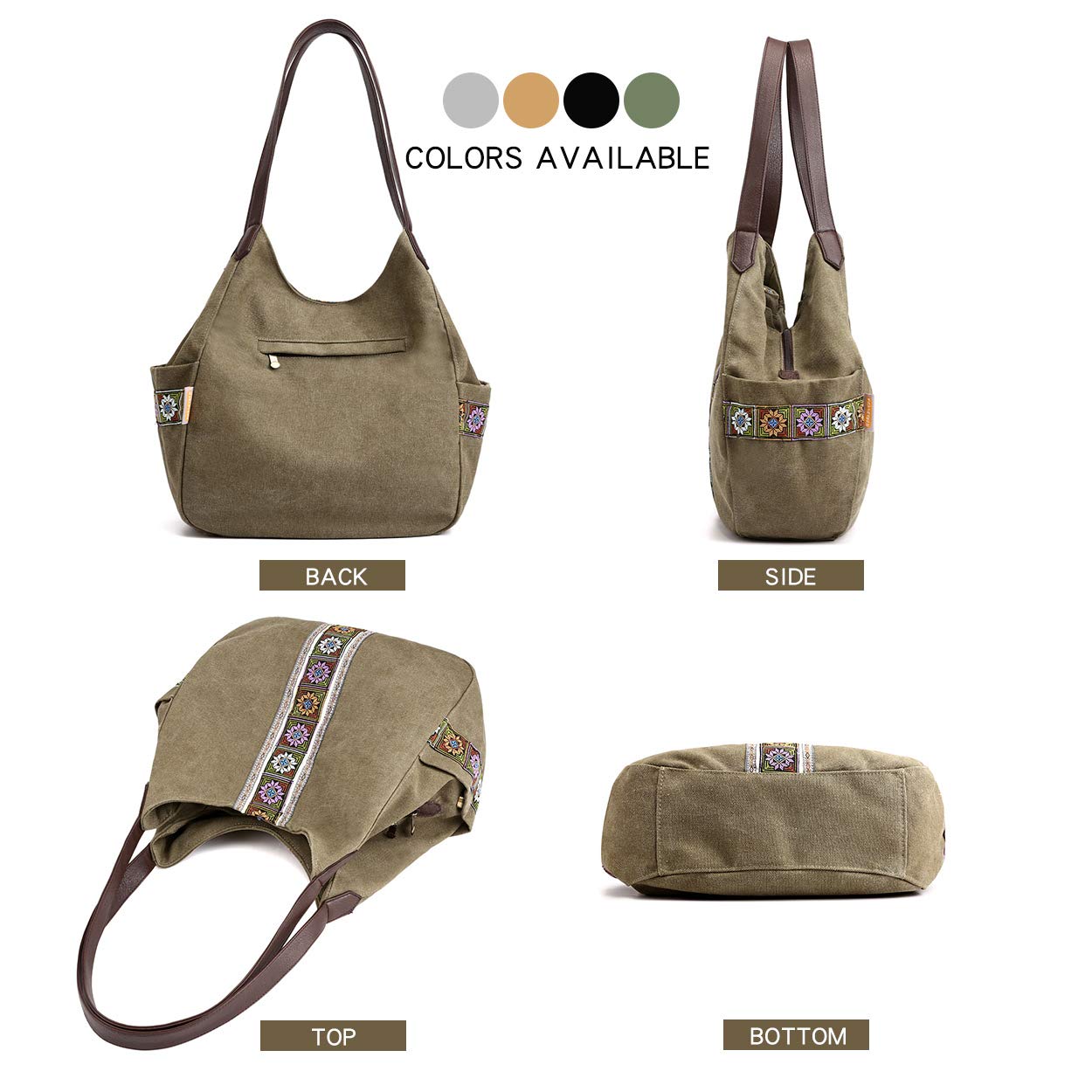 Worldlyda Women Canvas Hobo Purse Multi Pocket Tote Shopper Shoulder Bag Casual Top Handle handbag with Embroidery Ethnic