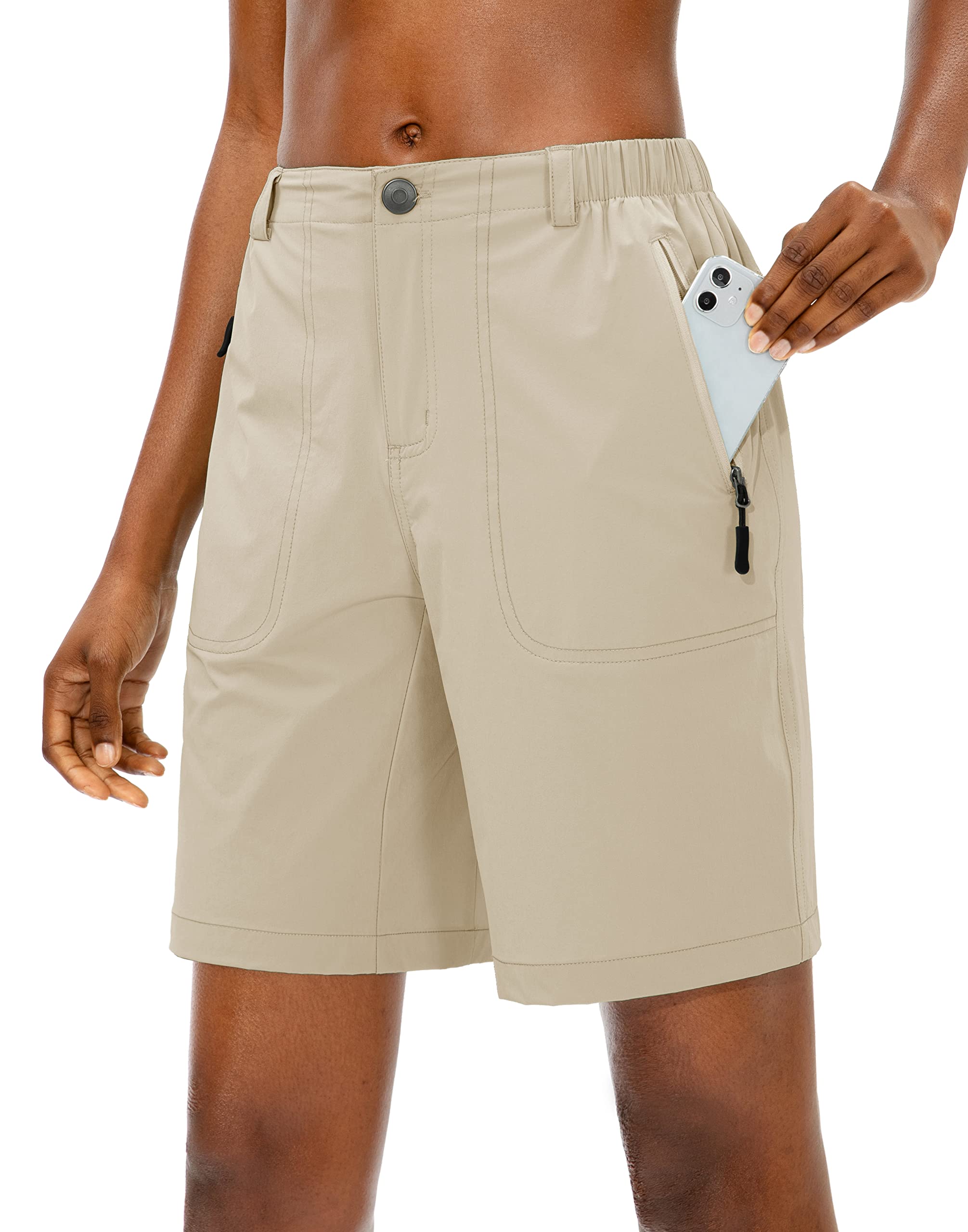 Pudolla Women's Quick Dry Stretch Hiking Shorts Lightweight UPF50+Shorts for Women with Zipper Pockets (Khaki Large)