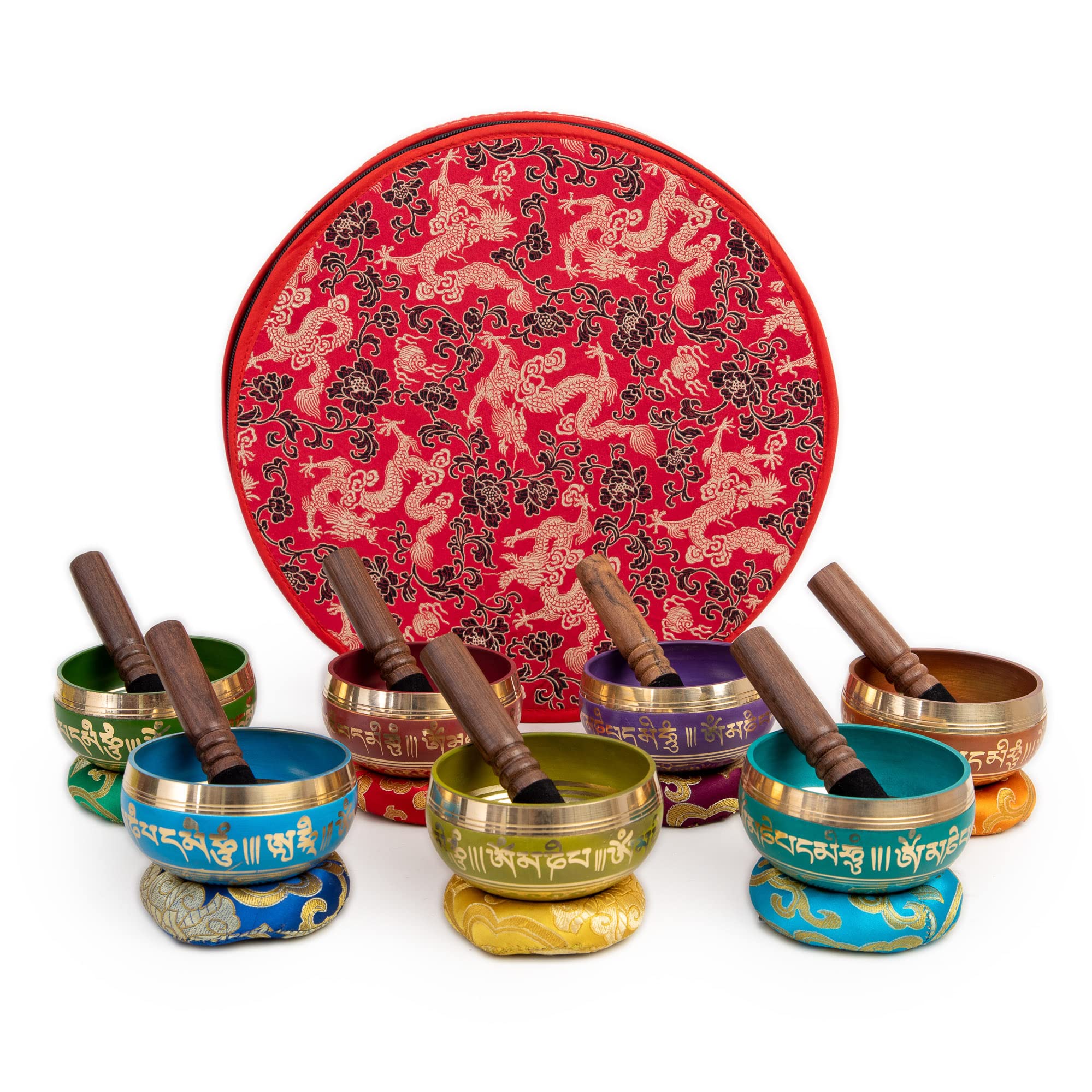 Tibetan Singing Bowls Set Of 7 Chakra Color for Meditation Mindfulness with Carry Box by Himalayan Bazaar