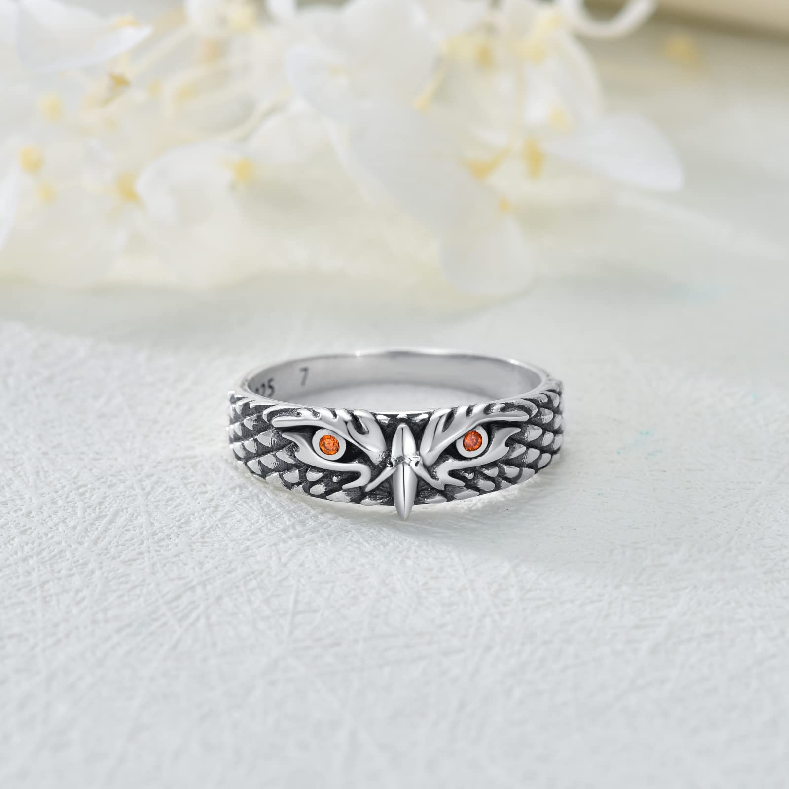 Viking Owl Ring 925 Sterling Silver Hawk Eye Ring Oxidized with Red Zircons Vintage Norse Jewelry Gift for Women Men