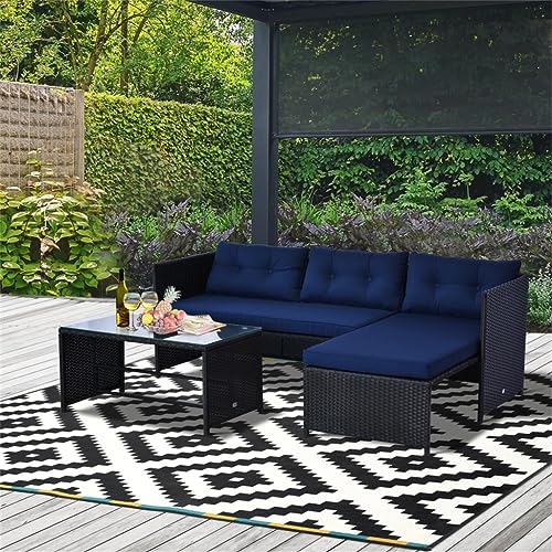 N/A Blue 3 Piece Rattan Outdoor Sofa Set with Chaise Lounge & Loveseat,Soft Cushions,Tempered Glass Table