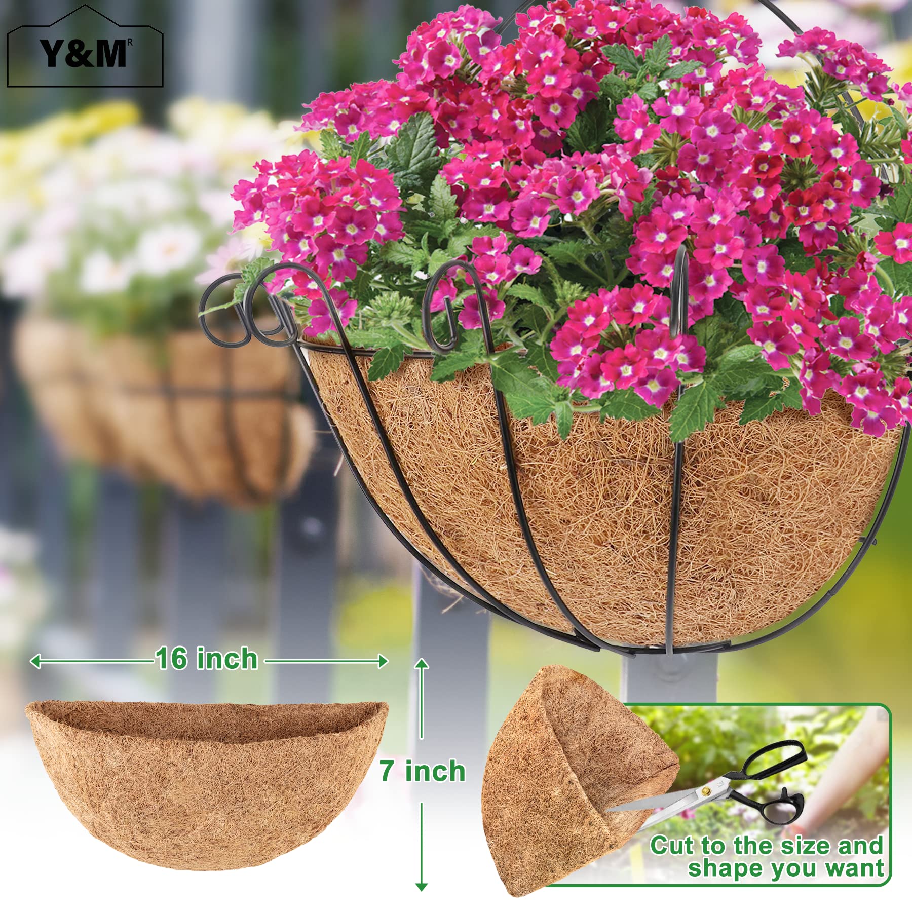 Y&M 16 Inch Pre-Formed Half Round Coco Fiber Hanging Basket Liner, Half Round Coco Replacement Liner - 2pcs