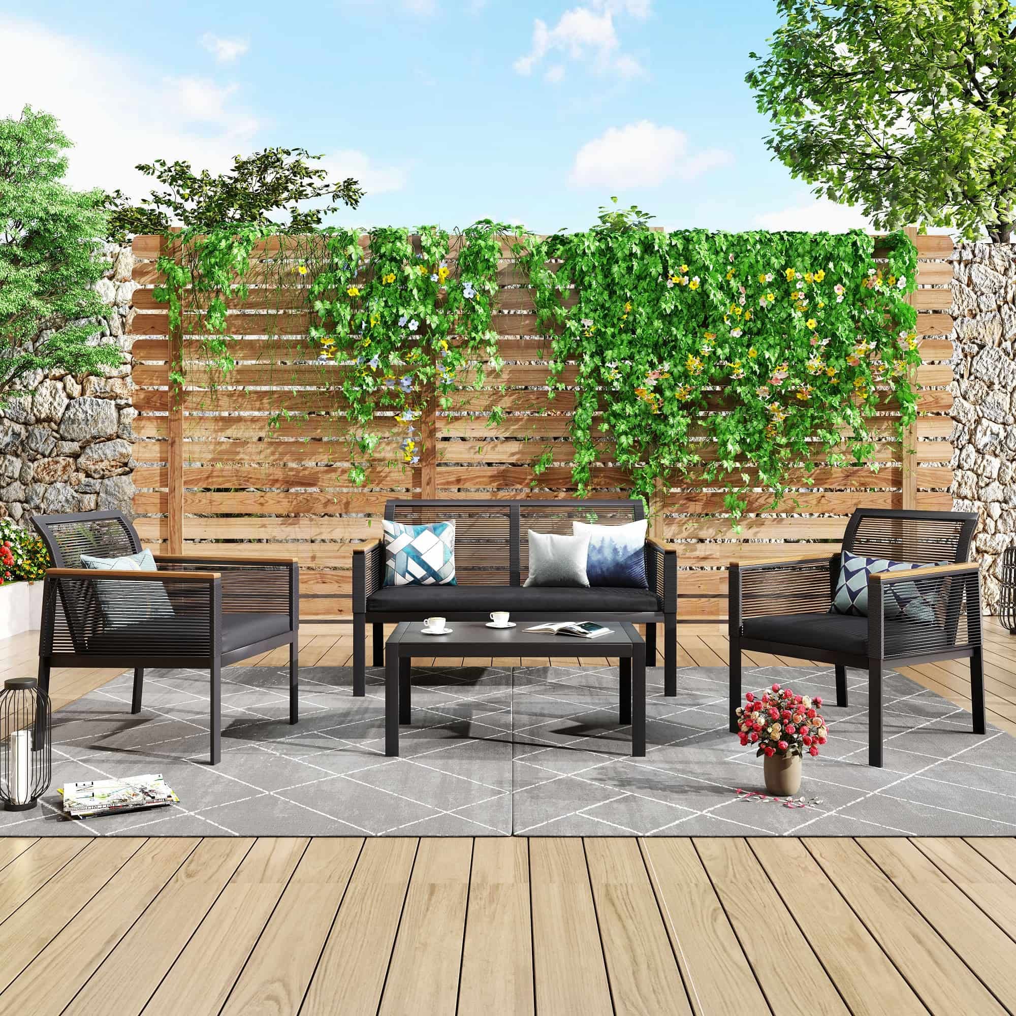 Patio Sectional Sofa - 3 Piece Outdoor Conversation Furniture Set, Brown Wicker, Beige Cushions