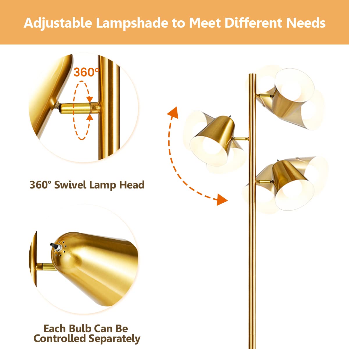 Tangkula 3-Light Floor Lamp, 64β Mid Century Modern Standing Tall Pole Lamp with 3 LED Bulbs and Adjustable Heads, Reading Light for Living Room Bedroom, 360 Lighting (Antique Brass)