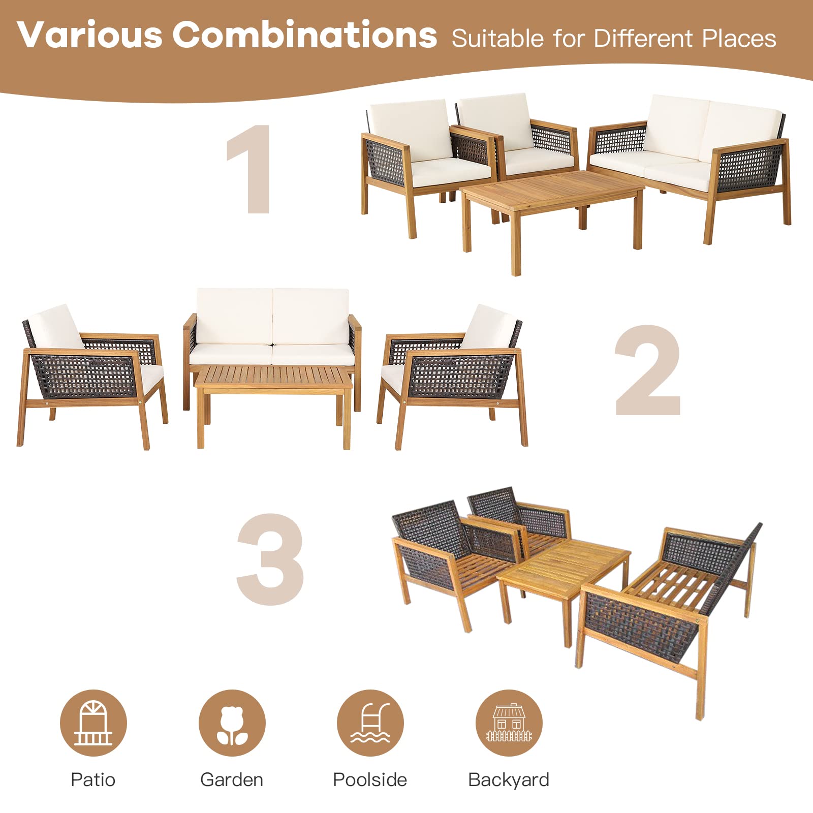 PATIOJOY 4 Pieces Outdoor Acacia Wood Furniture Set, PE Wicker Conversation Set with Coffee Table and Soft Cushions, Sofa for Garden, Poolside and Backyard (1, Off White)