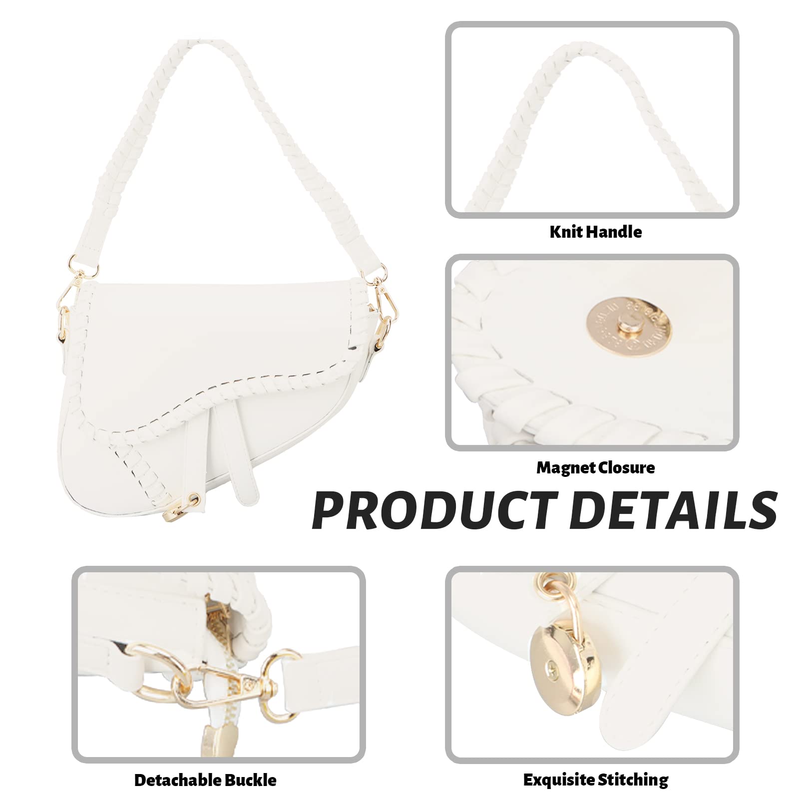 WOG2008 Women Saddle Bag Purses Trendy Black Saddle Shoulder Bag Leather Crossbody bag White Vintage Satchel Handbags