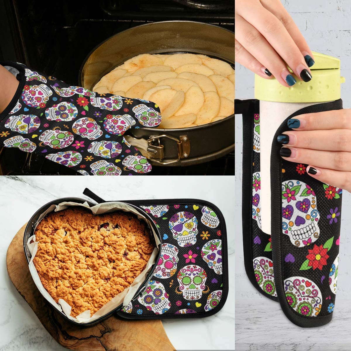 SUABO 2PCS Oven Mitts and Pot Holders, Sugar Skull Heat Resistant Oven Glove Hot Pads for Halloween Kitchen Baking BBQ Grilling