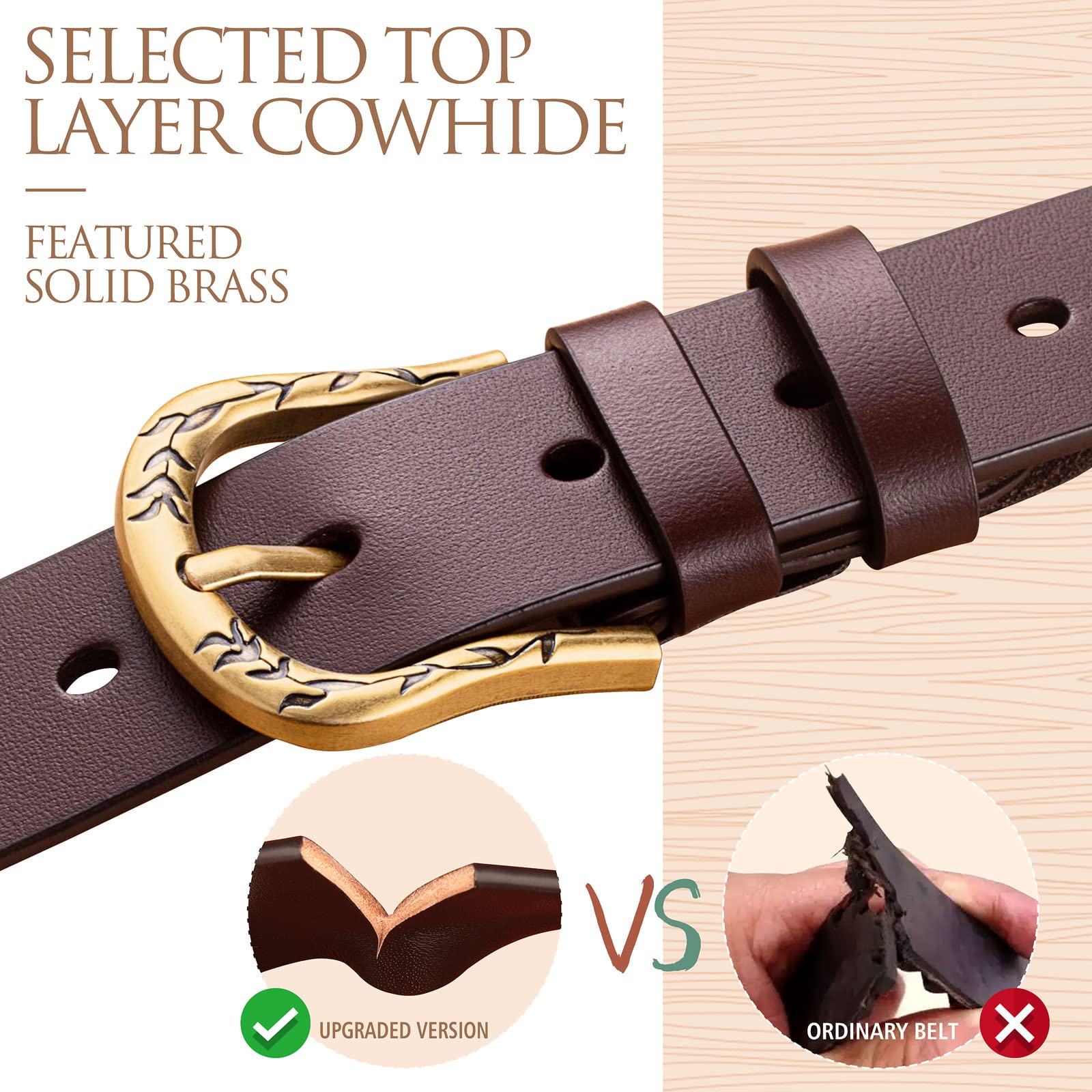 wolksprong Women's Belts for Jeans, Maximum Thickness Womens Belt 1.1" Width Full Grain Leather With Gold Buckle Gift Box
