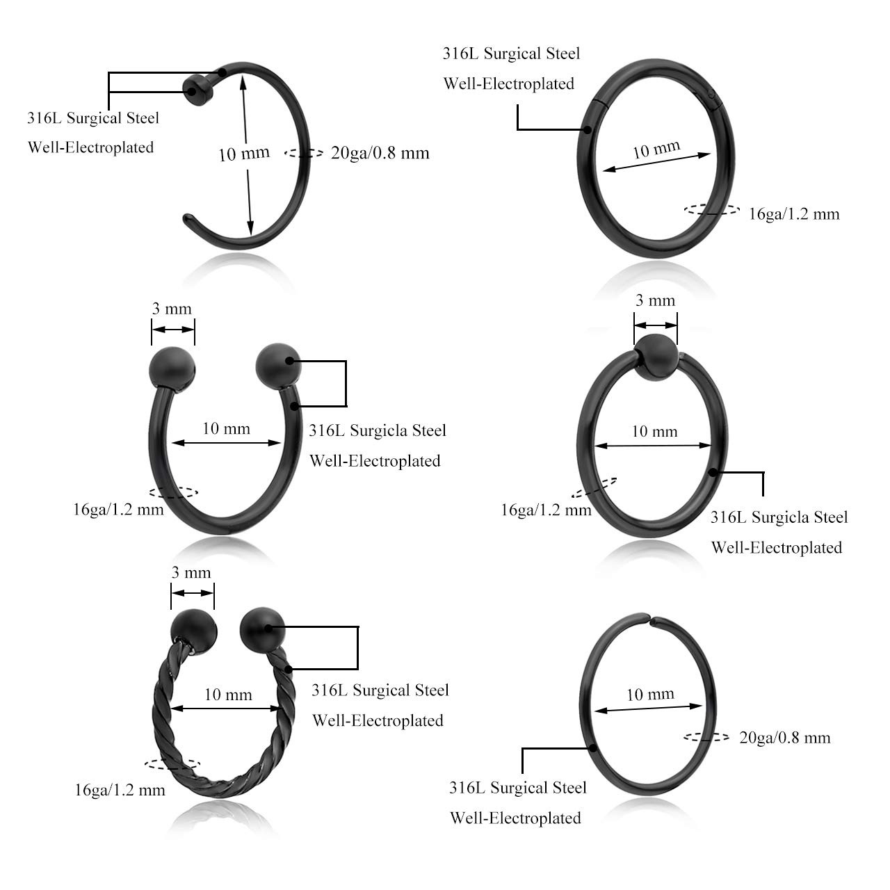 PiercingJ 12pcs Mixed Stainless Steel 16G / 20G Nose Rings Hoop Nose Studs Cartilage Tragus Daith Septum Ear Helix Nipple Eyebrow Lip Captive Ring Body Piercing