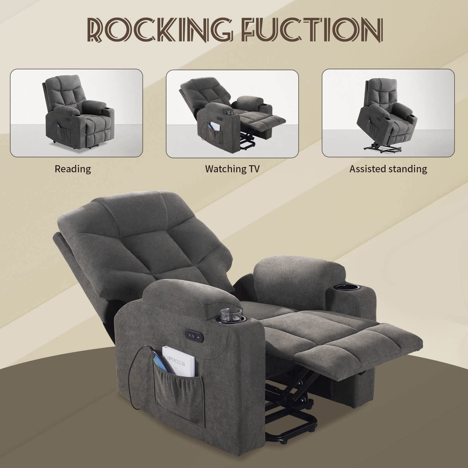Patiowel Power Lift Recliner Chair Sofa for Elderly Heated Vibration Massage,Electric Fabric Recliner with Cup Holders, Side Pocket, Remote Control, USB Charge Port (Gray)