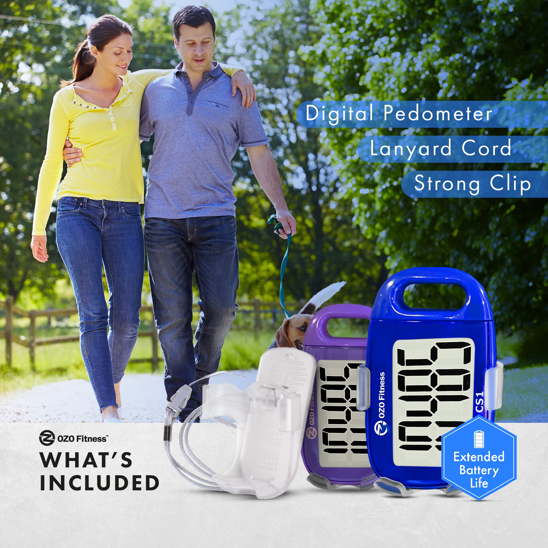 OZO Fitness CS1 Easy Pedometer for Walking - Step Counter with Large Display, Clip on and Lanyard (Blue)
