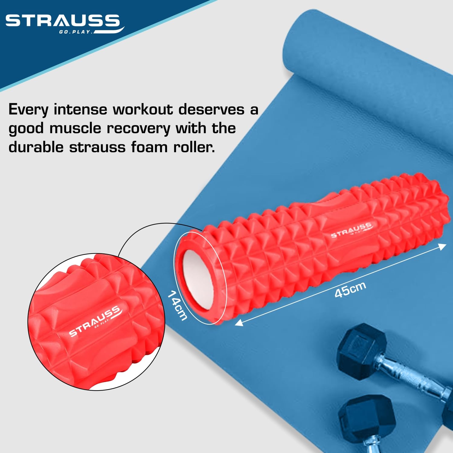 STRAUSS Grid Foam Roller, 33 cm, (Red)