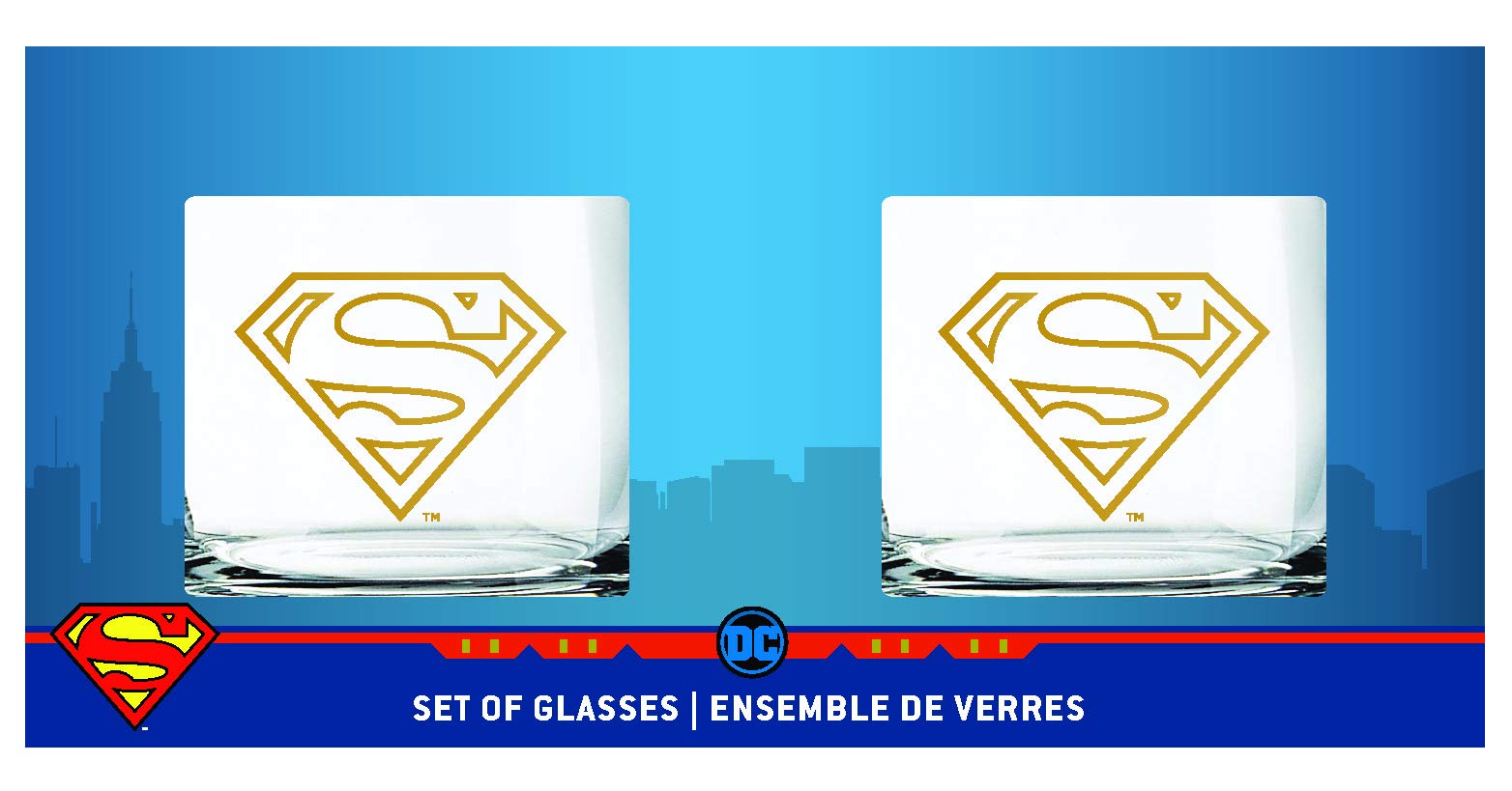 Superman Whiskey Glasses - 10 oz. Capacity - Set of 2 Glasses - Sturdy Base
