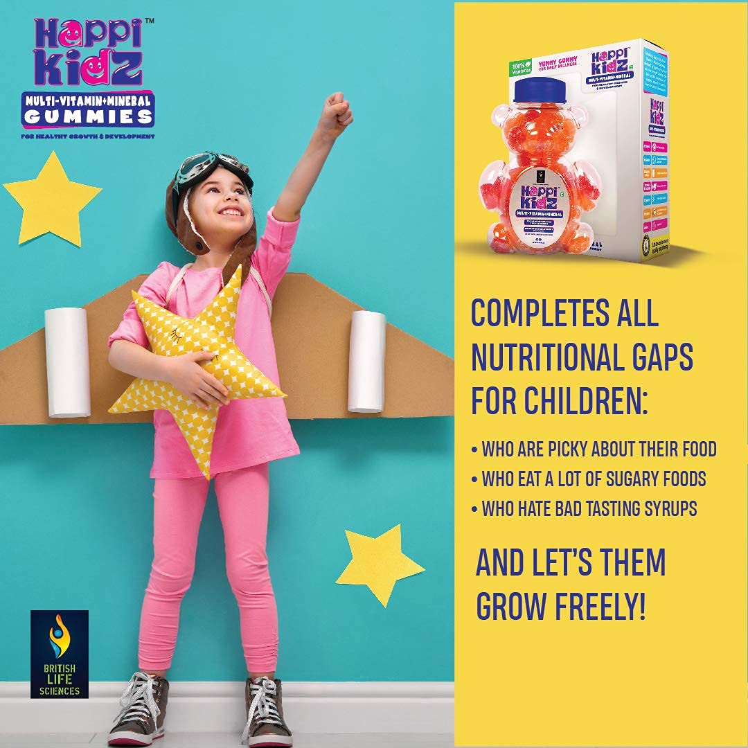 Organic Touch British Life Sciences Happi Kidz Multivitamin Gummies for Kids (60 Gummy Bears) with Vitamins and Minerals for Growth and Immunity, Orange & Strawberry Flavour