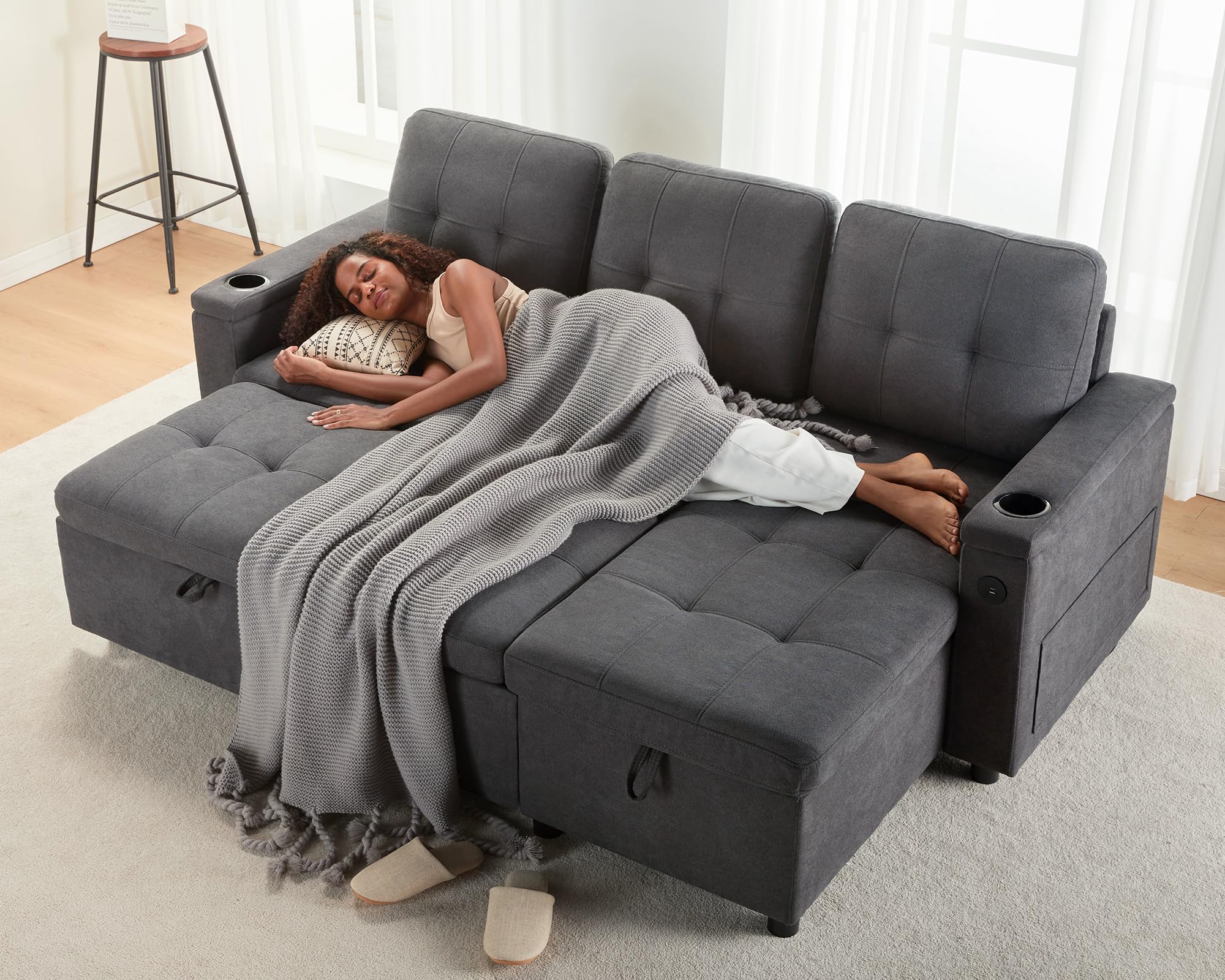PaPaJet 84 Inch Sleeper Sofa Bed, Tufted Pull Out Sofa Bed with 2 USB Ports & Cup Holders, L Shape Sectional Sofa Bed with Storage Chaise- Dark Grey