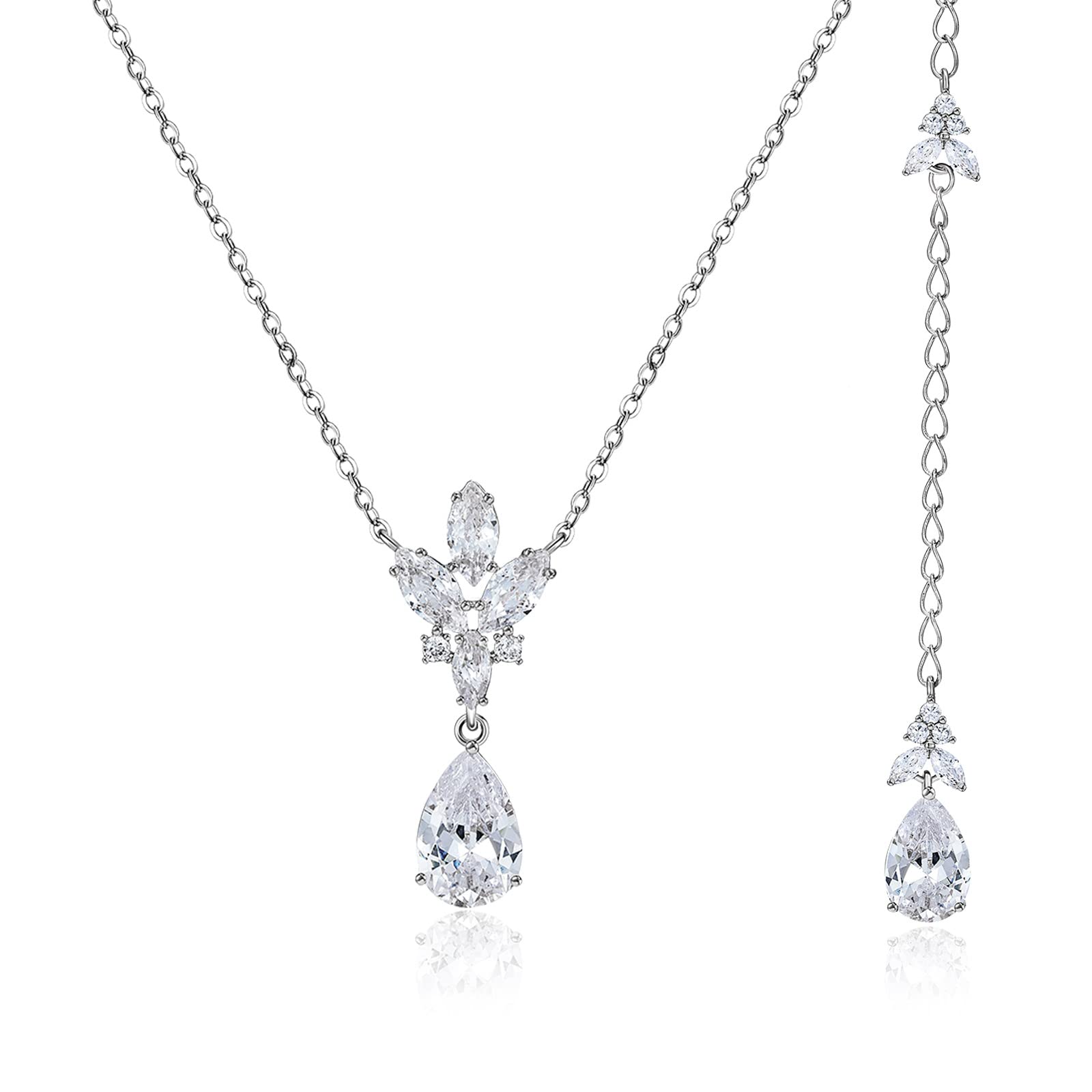 SWEETV Teardrop Wedding Backdrop Necklace for Bride Bridesmaids, Cubic Zirconia Crystal Back Pendant Bridal Necklace for Party Wedding