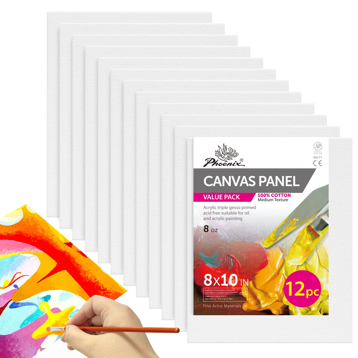 PHOENIX Painting Canvas Panels 8x10 Inch, 12 Value Pack - 8 Oz Triple Primed 100% Cotton Acid Free Canvas Boards for Painting, White Blank Flat Canvas Boards for Acrylic, Oil Paints