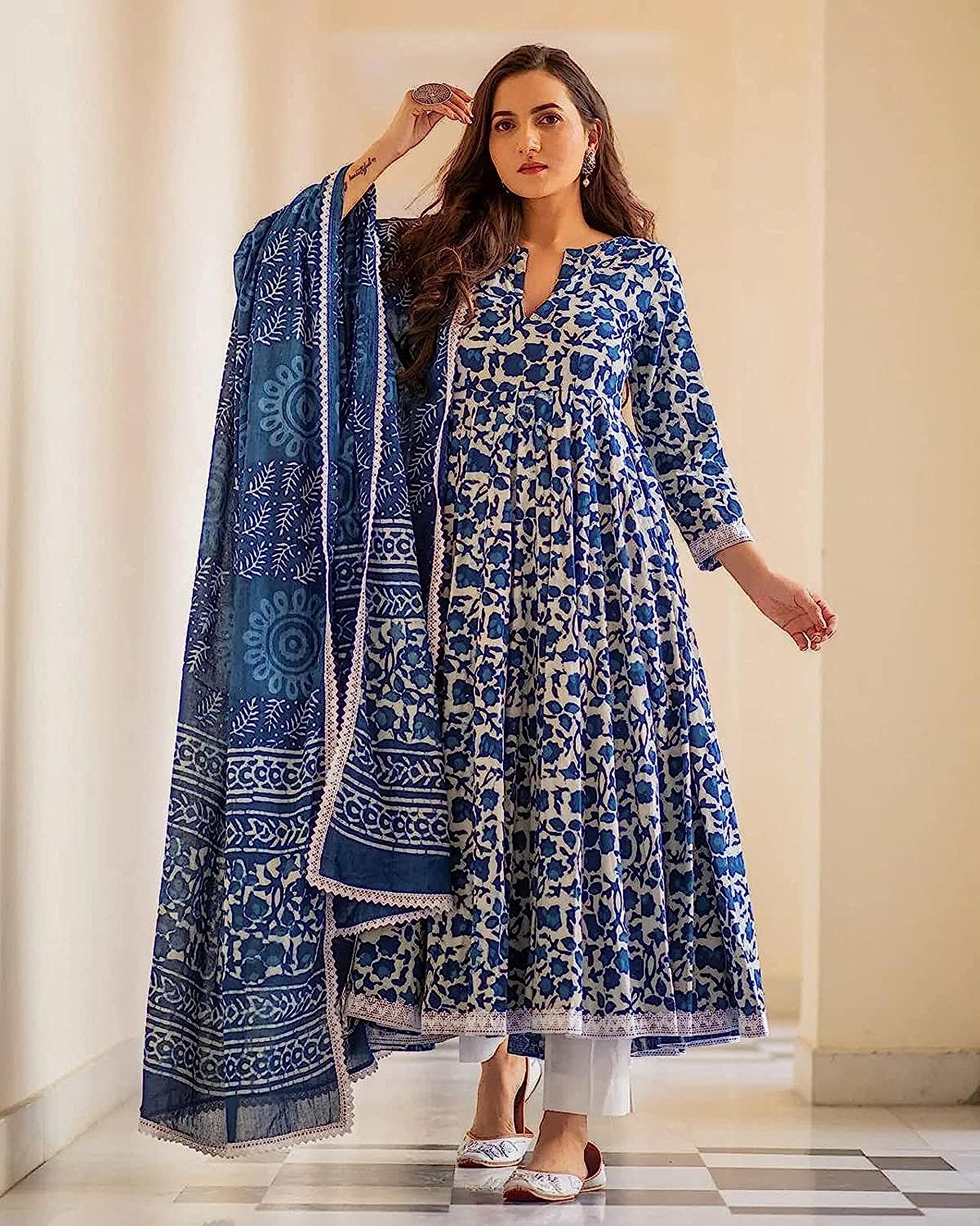 NANNUDECO Cotton Kurtis For Women Blue Anarkali Kurta With Palazzo Dupatta set (M)