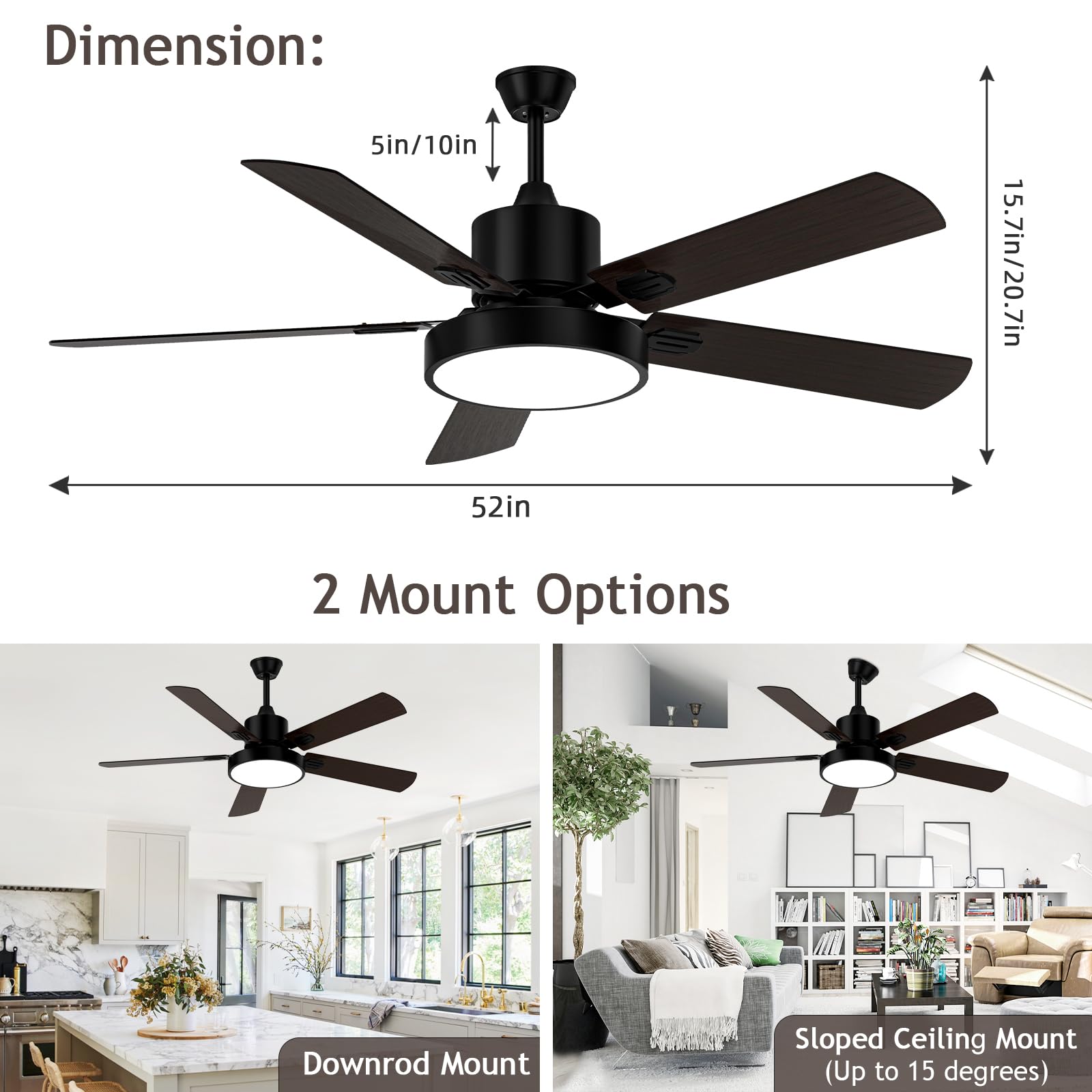 Obabala Ceiling Fans with Lights and Remote, Outdoor/Indoor Black Fan with Lights for Patio Bedroom Living Room,52 Inch