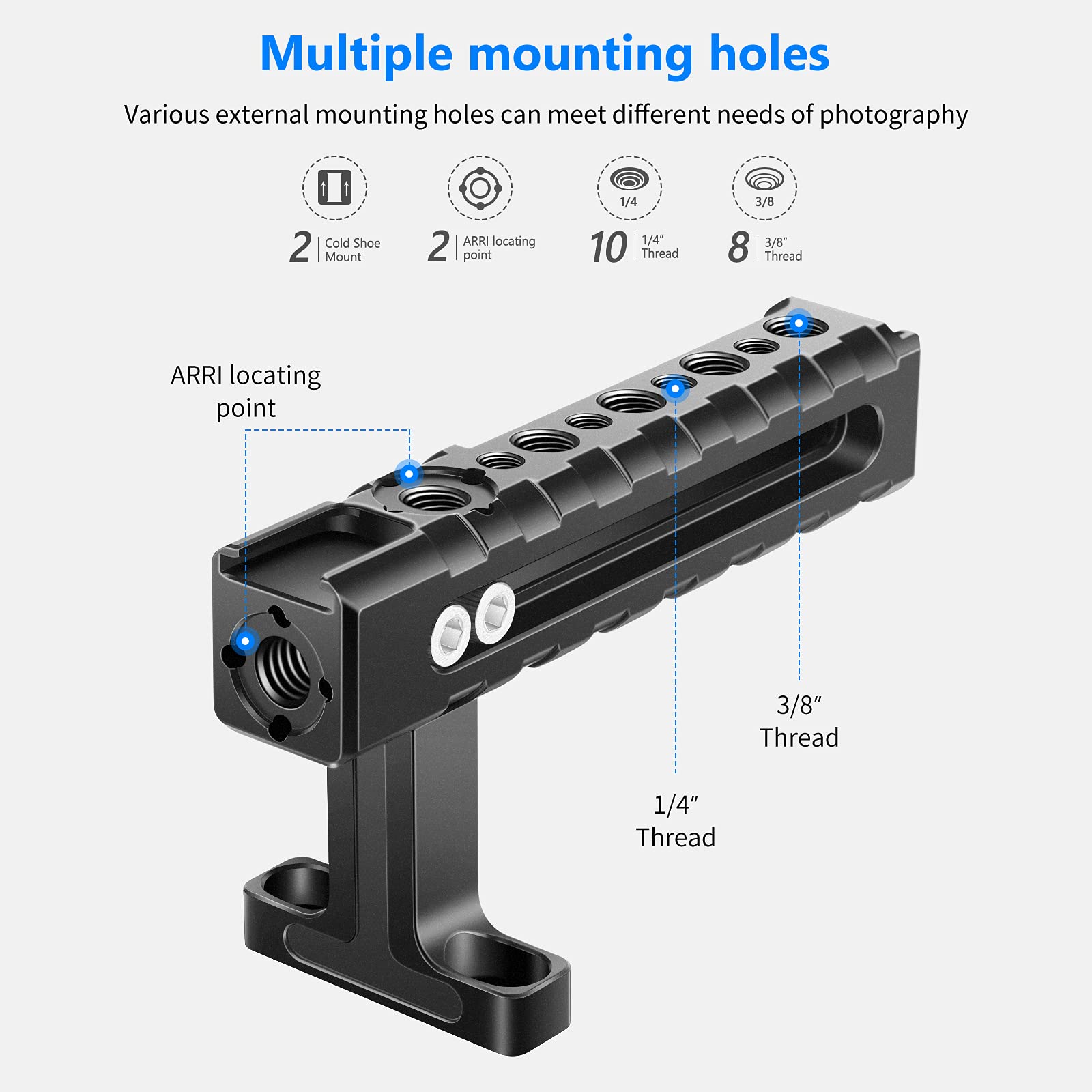 Neewer Top Handle Grip, Video Camera Cage Handle with Locating Holes, 1/4" & 3/8" Mounting Screws, and Cold Shoes for LED Light, Monitor, Microphone, Compatible with SmallRig Camera Cage - VS104