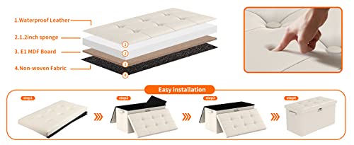 Tamfile 30 inches Folding Storage Ottoman with Lock,Fireproof Bedroom Bench with Storage,Beige Footrest with Foam Padded Seat,Ottoman Foot Rest for Bed Room,Storage Chest, Foot Rest Stool