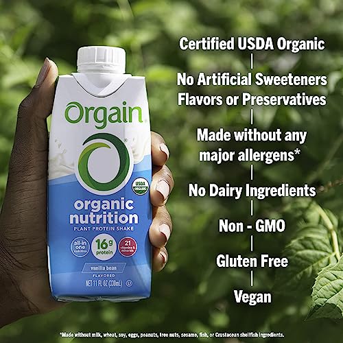 Orgain Organic Nutritional Vegan Protein Shake, Vanilla Bean - 16g Plant Based Protein, Meal Replacement, 21 Vitamins & Minerals, Fruits & Vegetables, Gluten Free, Non-GMO, 11 Fl Oz (Pack of 4)