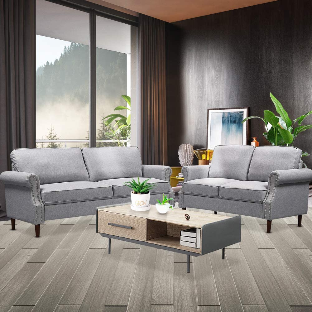 Recaceik 2 Piece Living Room Sofa Set Morden Style Couch Furniture Upholstered Sectional Loveseat for Office, Home (Gray)