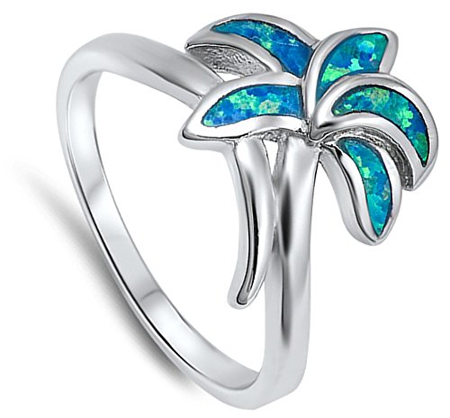 Palm Tree Blue Simulated Opal Classic Ring New .925 Sterling Silver Band Size 9