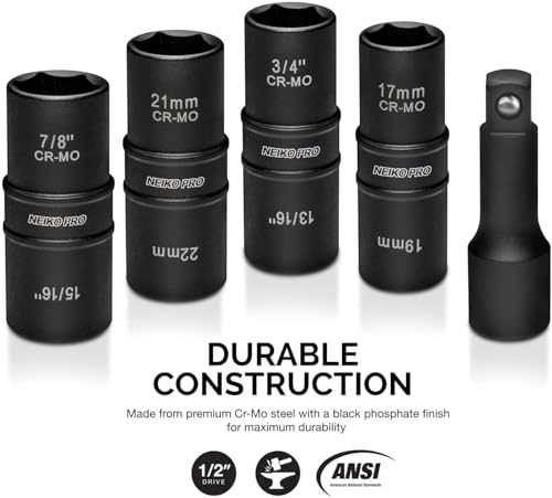 NEIKO 02282B 1/2-Inch-Drive Impact Socket Set, Flip Socket Set, Chrome Moly Steel, Includes 3-Inch Bar Extension, 8 Deep SAE and Metric Sizes, 5 Pieces