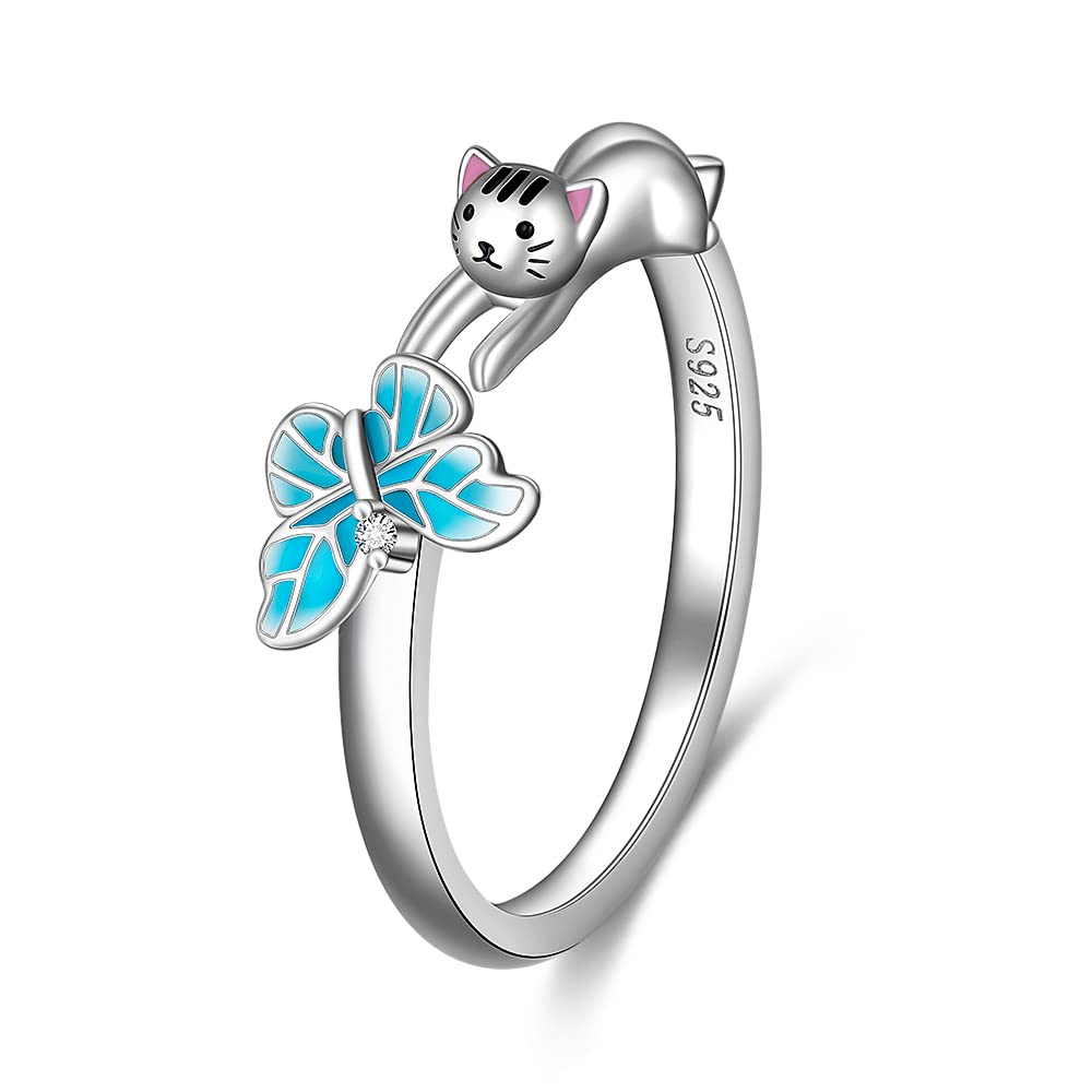 Women Cat Ring 925 Sterling Silver Cat Wrap Around Ring Butterfly Rings for Women Cat Crazy Kitty Jewelry Size 8