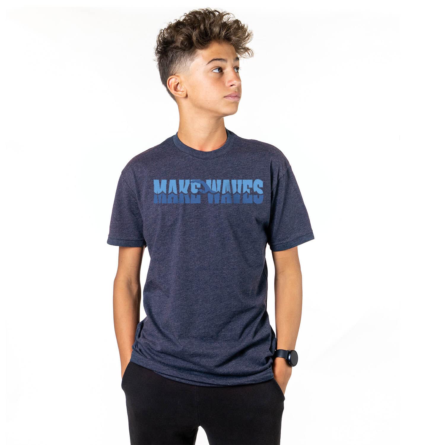 Swimming Make Waves Tee | Navy Short Sleeve T-Shirt | Adult Large